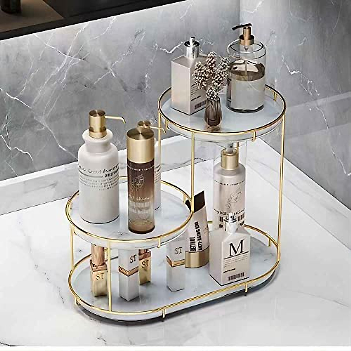 SUJIOWJNP 3-Layer Shelf Organizer, Bathroom Countertop Shelf, Large Capacity Heightened Design, Metal Frame, Removable Marble Glass Tray, Vanity Cosmetic Organizer