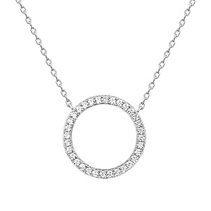 PAVOI 14K White Gold Plated Circle CZ Solitaire Necklace | Dainty Cubic Zirconia Halo Pendant Necklaces for Women