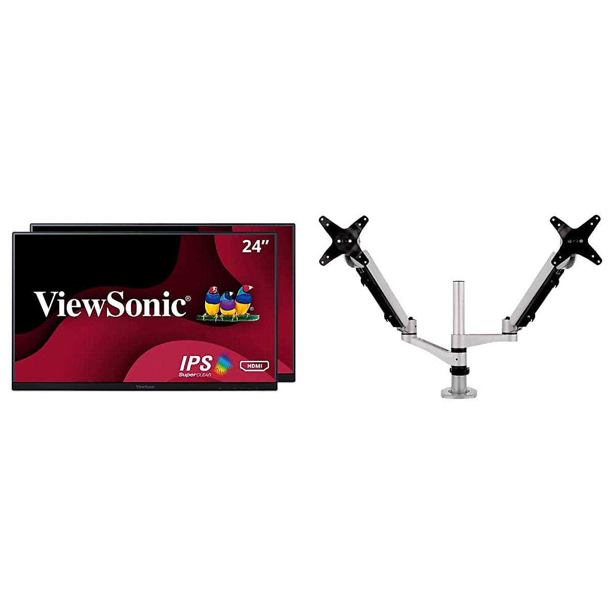 ViewSonic VA2456-MHD_H2 Dual Pack Head-Only 1080p IPS Monitors and LCD-DMA-002 Spring-Loaded Dual Monitor Mounting Arm with Vesa Mount