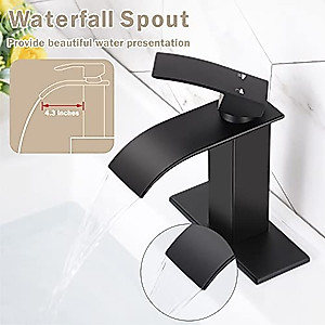 Qomolangma Black Waterfall Spout Bathroom Faucet, Single Handle Bathroom Vanity Sink Faucets, Rv Lavatory Vessel Faucet Suitable for 1 or 3 Holes with 6 Inch Deck Plate & Hose Matte Black