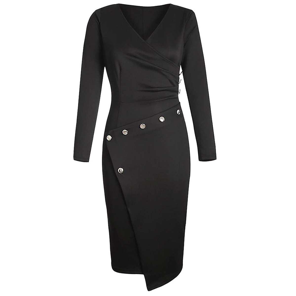 Lrady Women's Deep V Neck Casual Work Bodycon Long Sleeve Party Pencil Midi Dress, Black, X-Large