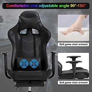 Gaming Chair Massage Computer Chair PC Office Chair Ergonomic Chair Video Game Chairs PU Leather Recliner with Lumbar Support Headrest Armrest Footrest Rolling Swivel Desk Chair for Adults Teen, Black