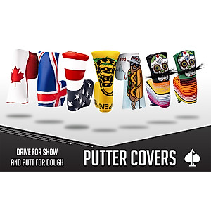 Pins & Aces LE Sugar Skull Mustache Blade Putter Head Cover - Premium, Hand-Made Leather Putter Headcover - Funny, Tour Quality Golf Club Cover - Style and Customize Your Golf Bag (White)