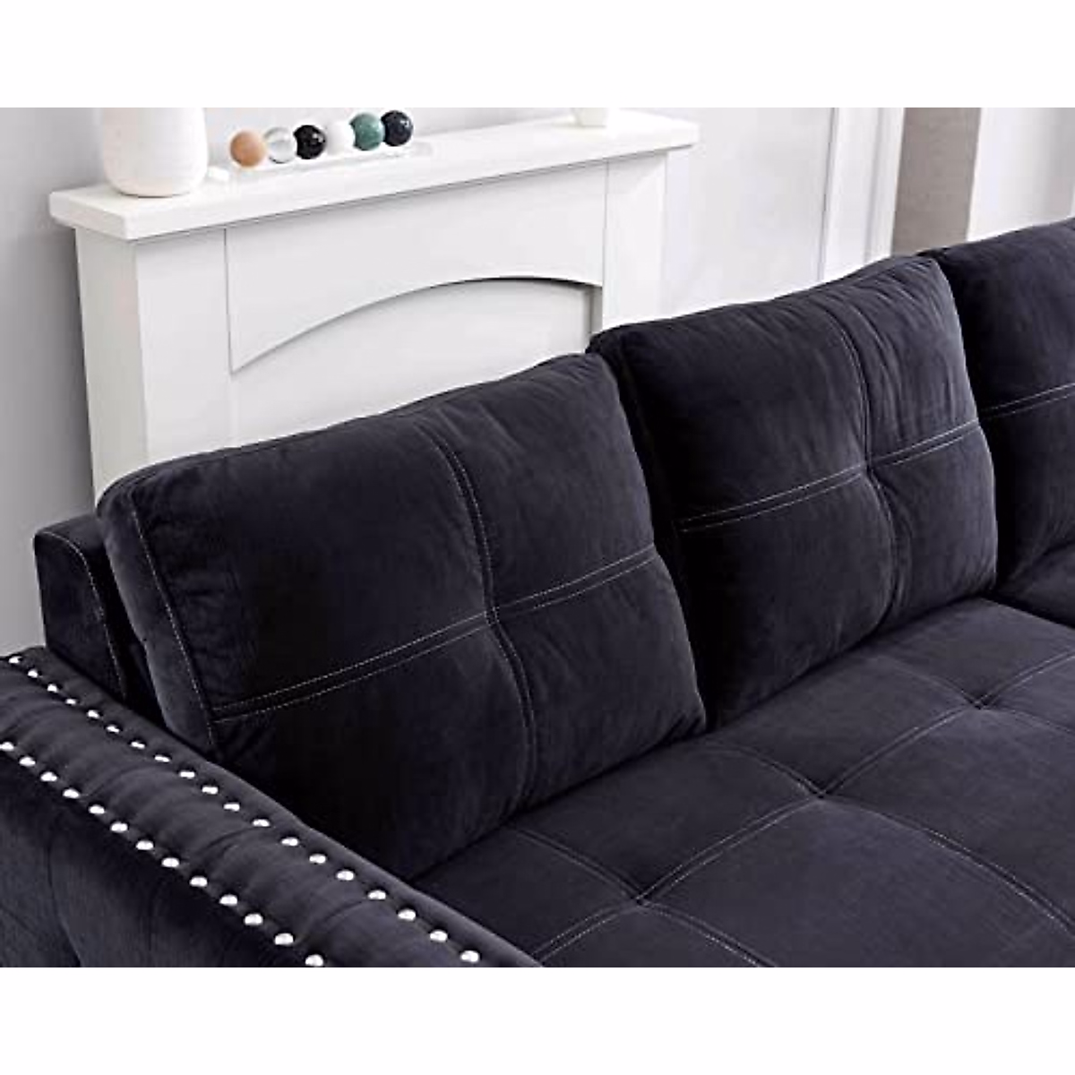 Tulib Reversible Sectional Sofa with Chaise, Sleeper Couch Storage and Pull Out Bed, Button Tufted Nail Head Trim Seating Furniture for Living Room, 91 Black