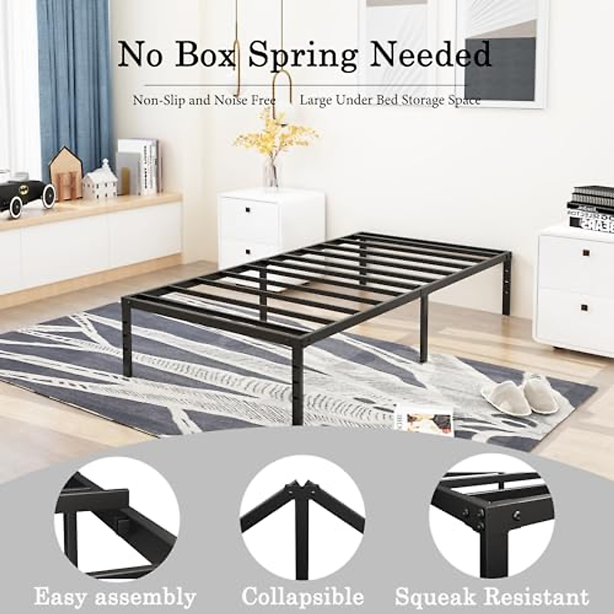 Yedop 18 Inch Twin XL Bed Frames, No Box Spring Needed, 2500 lbs Heavy Duty Steel Slat Support, Non-Slip XL Twin Bed Frame, Metal Platform Bed Frame Twin XL Black