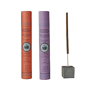 Nantucket Spider Mosquito & Fly Repelling Outdoor Garden Incense Sticks Bundle | 2 Pack (28 Sticks) & Artisanal Stone Block Incense Holder (1ct) | Spiced Coffee (14 Sticks) & Meadow (14 Sticks)