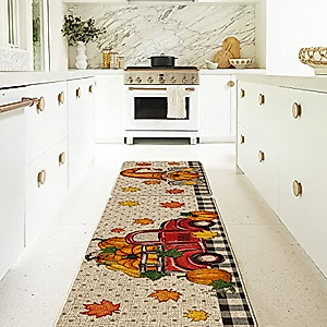 Artoid Mode Polka Dot Gnome Truck Pumpkin Fall Kitchen Mats Set of 2, Maple Leaf Home Decor Low-Profile Kitchen Rugs for Floor - 17x29 and 17x47 Inch