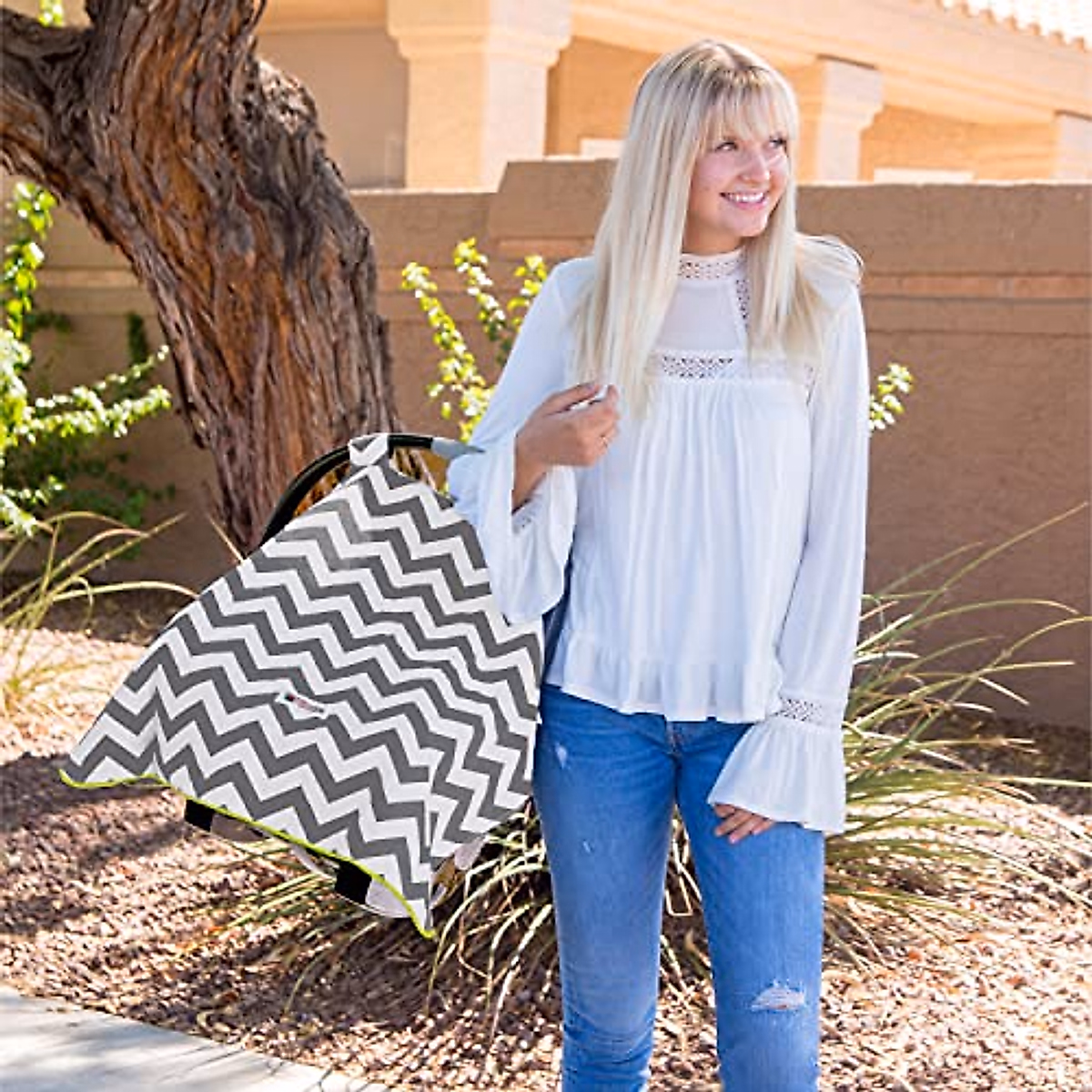 Baby Carseat Canopy Cover-Breathable Infant Car Seat Cover Helps Protect Babies-Our Baby Car Seat Covers Also Double as a Nursing Cover, High Chair Cover & Playmat-Gray Chevron with Mint Green Minky