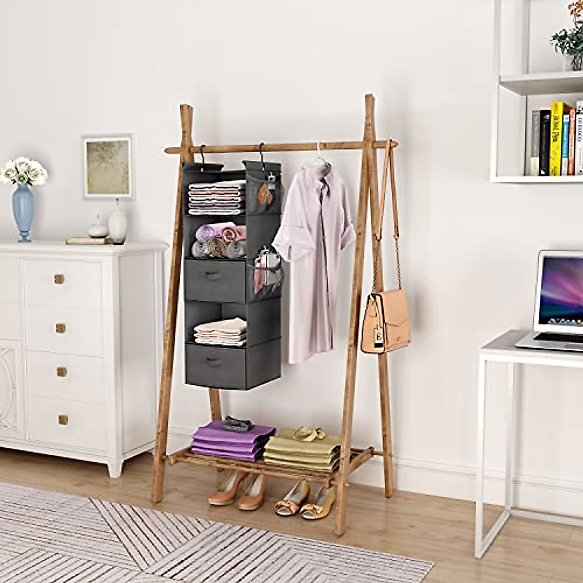 MAX Houser 6 Tier Shelf Hanging Closet Organizer and 5 Tier Shelf Hanging Closet Organizer, Closet Hanging Shelf with 2 Sturdy Hooks for Storage, Foldable,Beige and Grey-D2