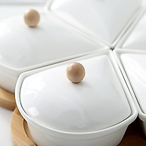 WMM 11 Inch Ceramic Divided Serving Dishes with Bamboo Tray and Lids, 5 Removable Snack Bowls Relish Tray for Candy, Nut, Fruits, Chips and Dip