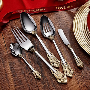 KEAWELL Gorgeous 5-Piece 18/10 Stainless Steel Hostess Serving Utensil Set, Dishwasher Safe, Gold Accent