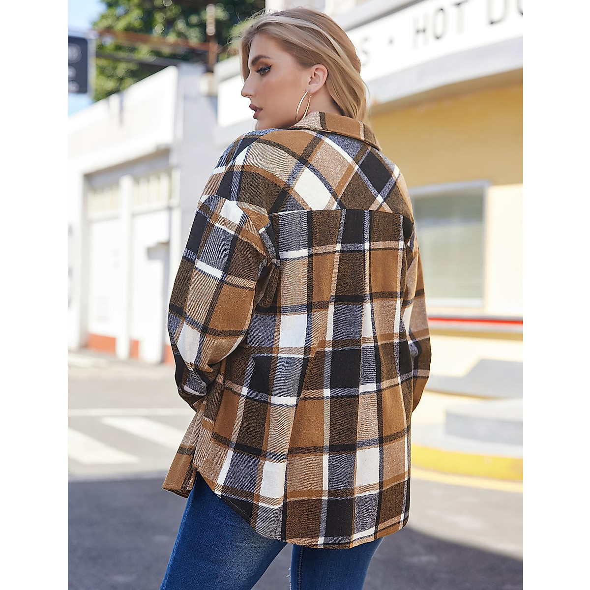 IN'VOLAND Women's Flannel Plaid Shacket Casual Button Down Long Sleeve Flannel Shirts Plus Size Fall Tartan Jacket Brown 24W