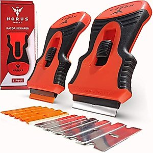 Razor Blade Scraper Set of 2 – Multi-Purpose Razor Scraper Designed to Remove Labels, Stickers, Decals, Caulk, Adhesive, Paint - Bonus Steel and Plastic Blades for Heavy Duty and Delicate Cleaning