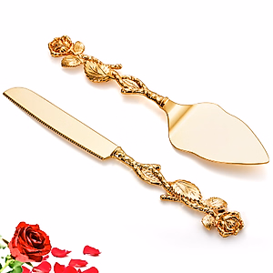 Mezchi Wedding Cake Knife and Server Set, Gold Cake Cutting Set for Wedding, Vintage Rose Wedding Cake Cutting Set for Birthday, Party, Anniversary, Cake, Pie, Pizza