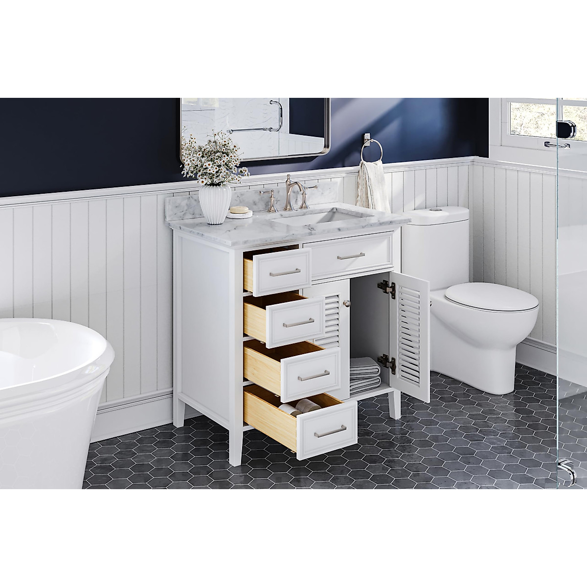 ARIEL Kensington Bathroom Vanity 37" Inch in White with Carrara White Marble Countertop, Right Offset Rectangular Sink, 2 Soft Closing Doors and 4 Full Extension Dovetail Drawers