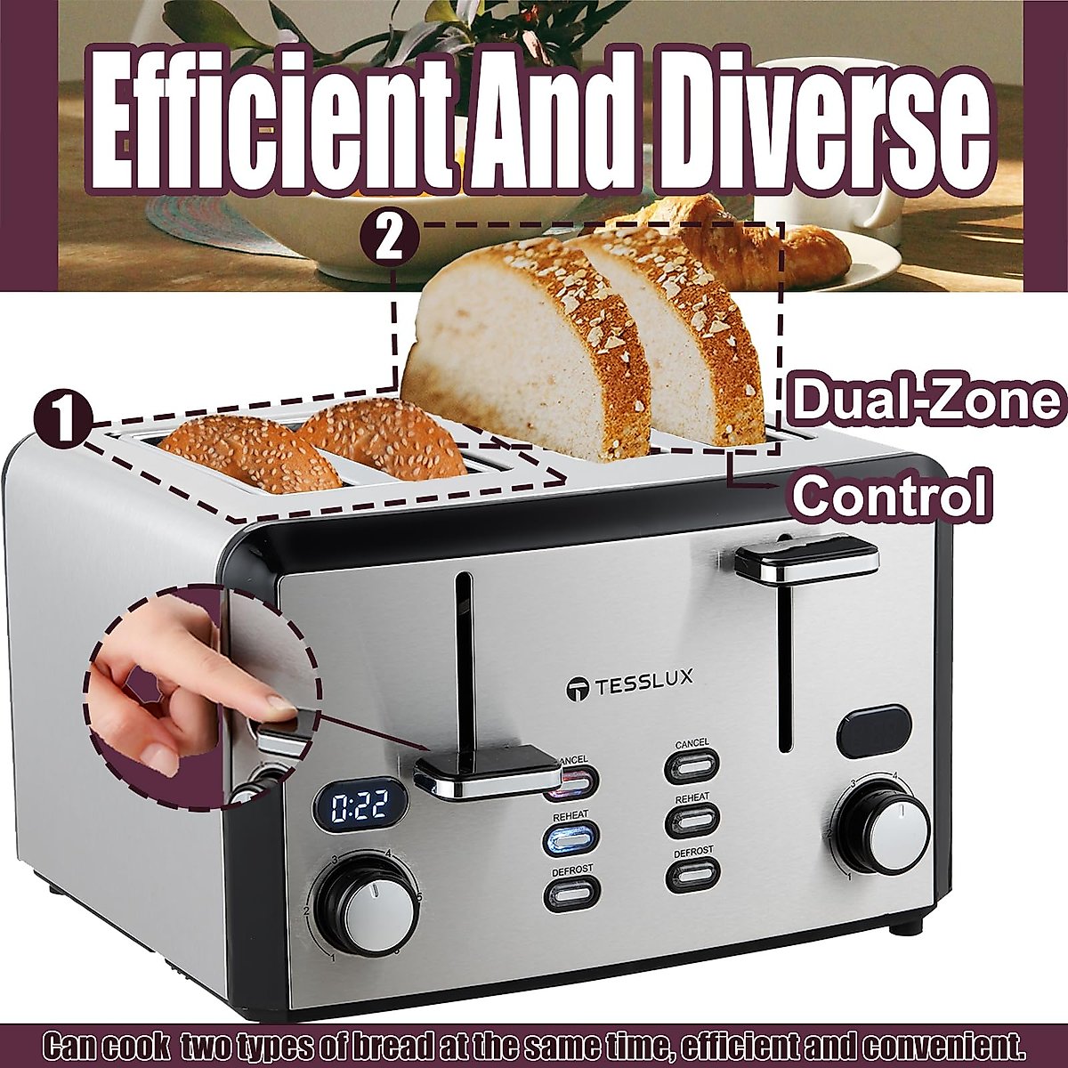 Tesslux 4 Slice Toaster, Wide Slot Bread Toaster with 6 Shade Settings, Stainless Steel Toaster with LCD Display, Removable Crumb Tray, Cancel/Defrost/Reheat Function, 1400W