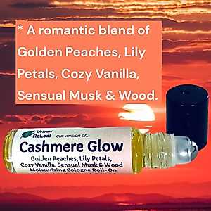 Urban ReLeaf Cashmere Glow Cologne Oil Roll-On. A Romantic Blend of Golden Peaches, Lily Petals, Cozy Vanilla, Sensual Musk & Wood. Long Lasting Fragrance Oil, Moisturizing Jojoba, Alcohol-Free Scent. Made in USA. Fits in pocket. TSA approved size.