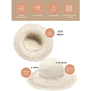 San Diego Hat Company Women's Cotton Crochet Hat with Scalloped Edge, UPF 50+, 4” Brim, Natural