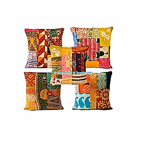 Traditional Bohemian Kantha Ethnic Indian Cotton Antique Decorative Pillow Throw Patchwork Sofa Square Home Décor Vintage Boho Indian Cushion Cover (05 Pcs Set, 20"x20")