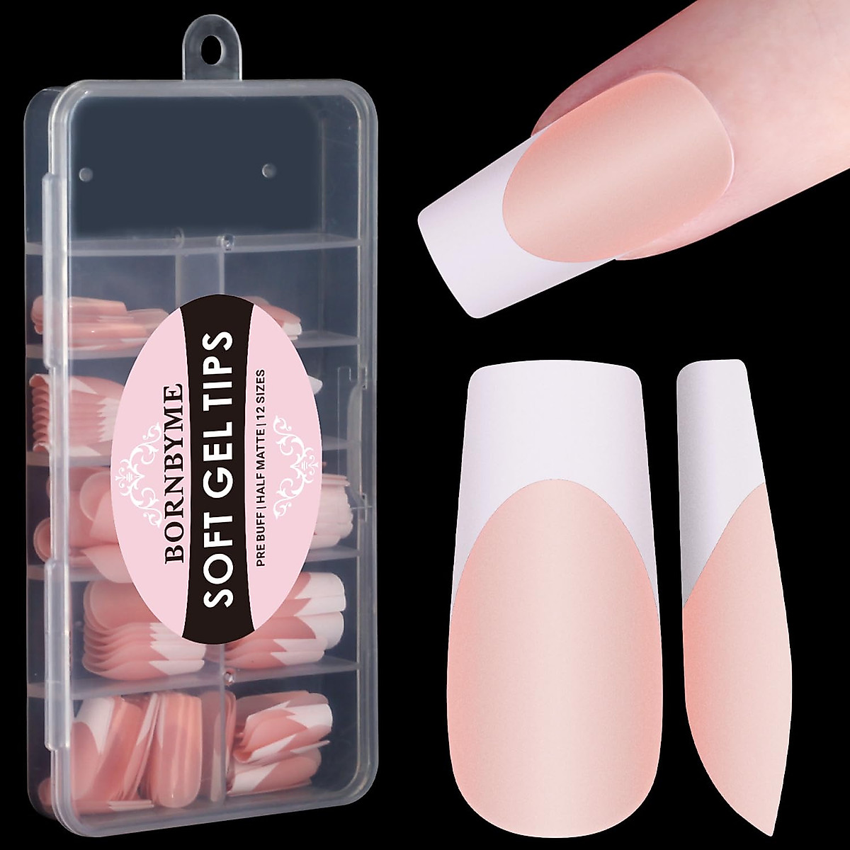 Medium Square French Tips Gel Nail Tips, BORNBYME White French Tip Nails 120PCS Matte Press on Nails, Primer & Base Coat 3 Gels Pre 12 Sizes Pre-french Soft Gel Fake False Nails for Nail Extension