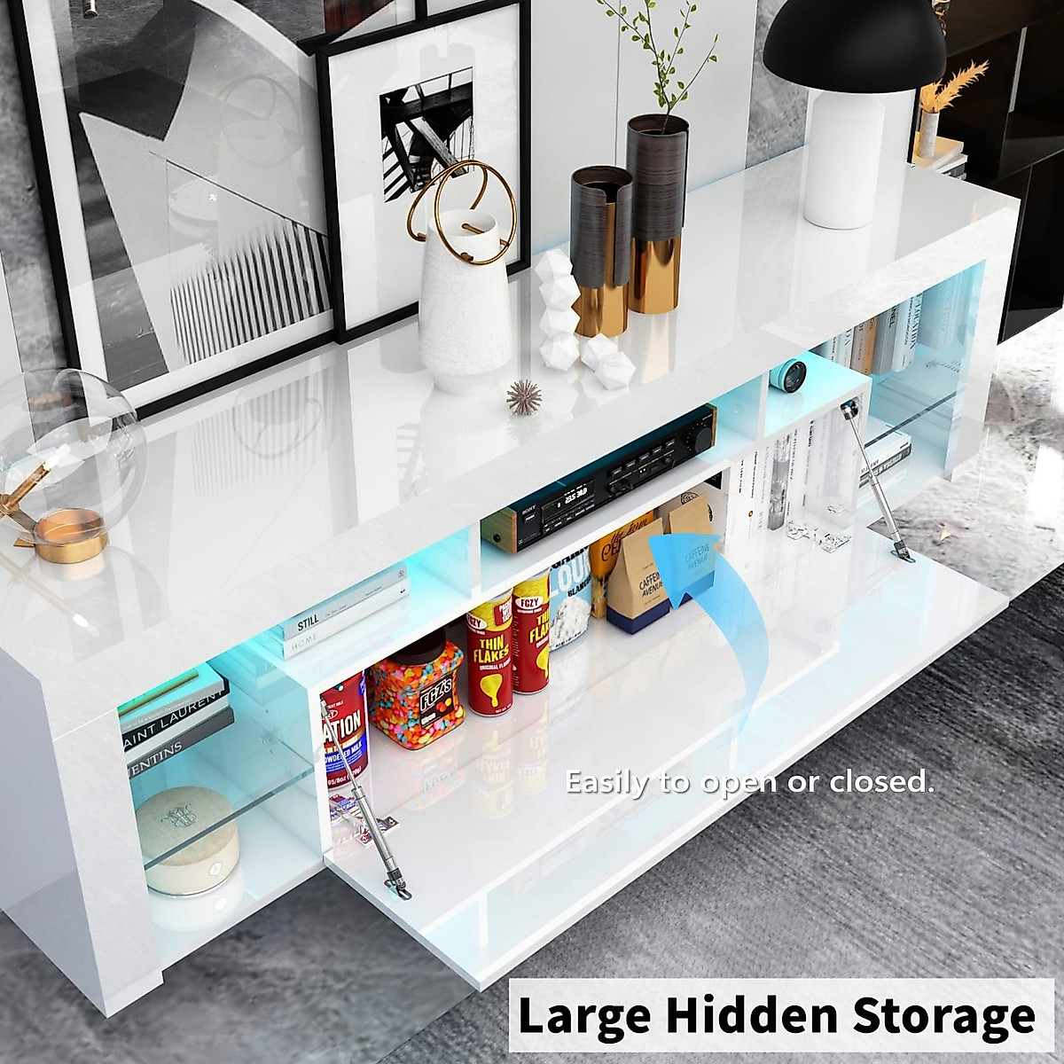 Gitua Floating TV Stand Wall Mounted, High Gloss LED Floating Entertainment Center with Storage&Adjustable Glass Shelf, TV Stand for 65 Inch TV, Gaming Media Center Console Table with Lights, White