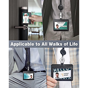 Uniclife Horizontal Leather ID Badge Holder and Retractable Adjustable Lanyard Breakaway Neck Lanyard with Retractable Badge Reel Quick-Release Buckle and Card Protector for Workers Students Employees