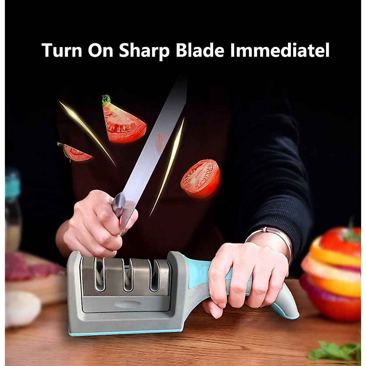 Original Premium Knife Sharpener, Professional Kitchen Chef 3 Slot Design, Easy Sharpening, Slip Resistant Grip, Safely Sharpen Knives, Restore Dull Knife for A Sharp Edge