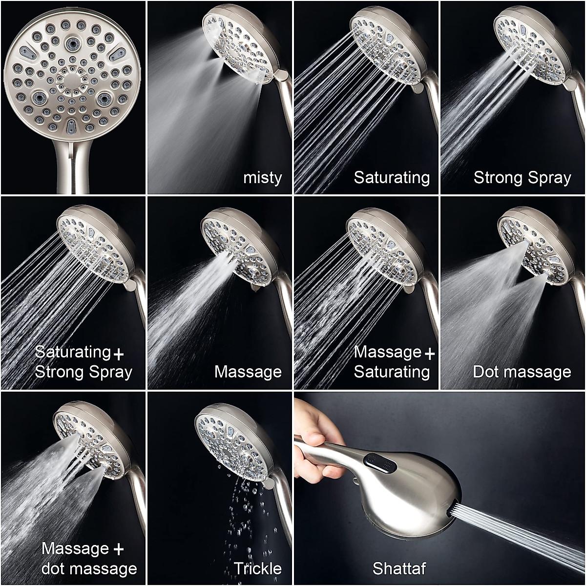 High Pressure Handheld Shower Head, 10-Setting Showerhead, 4.7”Detachable Showerhead Set with 5ft Hose, Adjustable Bracket and Built-in Power Wash to Clean Tub, Tile & Pets - Brush Nickel