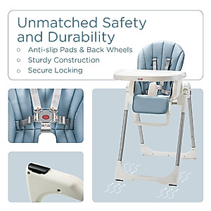 KÜB 3-in-1 Foldable Baby High Chair (Blue) | Multifunctional Infant HighChair for Babies & Toddlers | Removable Seat & Tray for Easy Clean | 7 Height & 4 Recline Adjustable | 2 Locking Wheels | Safe