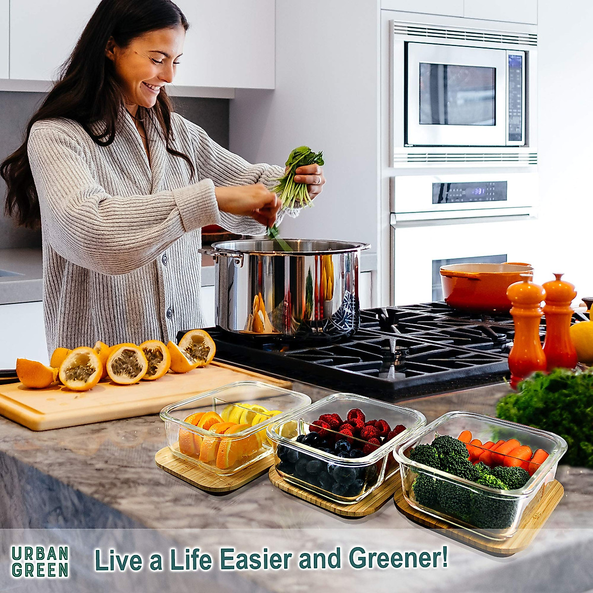 Urban Green Glass Containers with Bamboo Lids, Meal Prep Glass Containers, Glass Food storage Containers, 5 Pack, Pantry & Kitchen Glass Organizer, Lunch glass container, Microwave Oven Freezer Safe