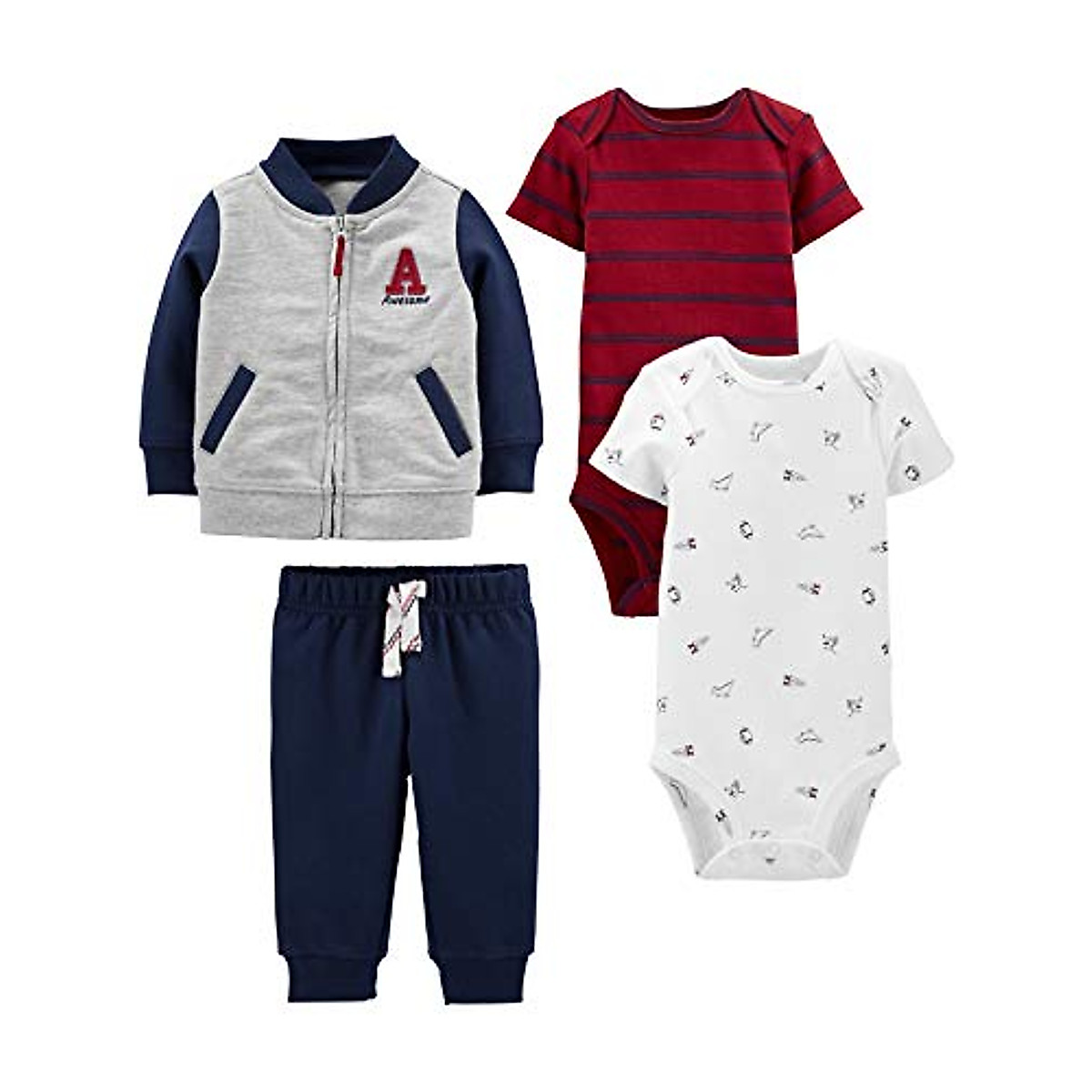 Simple Joys by Carter's Baby Boys' 4-Piece Jacket, Pant, and Bodysuit Set, Grey/Navy/Red Stripe/White Sports, 0-3 Months