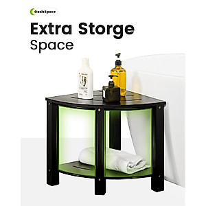 OasisSpace Bamboo Corner Shower Seat Shower Stool, Shaving Stool with Non-Slip Feet, Wood 2-Tier Seat with Storage Shelf for Bathroom, Living Room, Bedroom, Used for Seat or Organizer