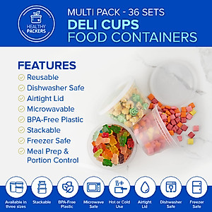 Deli Containers with Lids - Food Storage Containers - Clear Freezer Containers | 36-Pack BPA Free Plastic 8, 16, 32 oz | Cup Pint Quart set | Great for Soup, Meal Prep, Portion Control, Slime and More