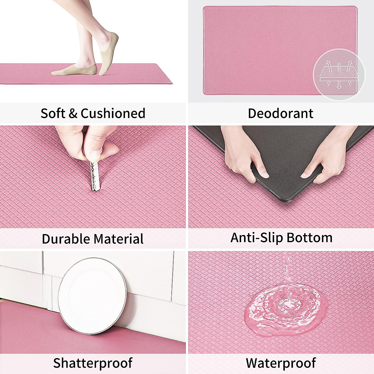 AUTODECO Kitchen Mats and Rugs Set of 2 - Cushioned Anti-Fatigue Kitchen Rug for Floor Washable 17"x29" +17"x59", PinkRed