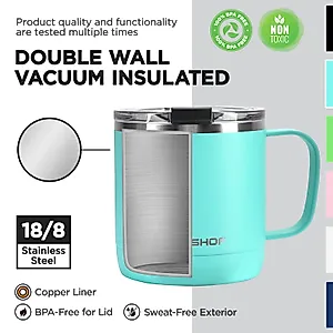 HAUSHOF 14 oz Coffee Mug, Insulated Coffee Mug with Handle, Travel Camping Cup, Portable Stainless Steel Coffee Cup, Insulated Coffee Cups with Lid, Lake Blue