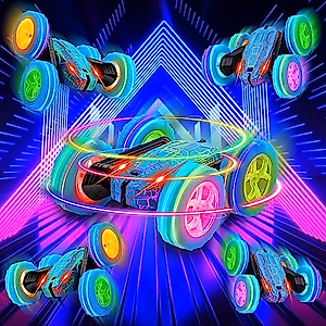 FAFUGANIA Remote Control Car, 360° Rotating RC cars with Wheel Light and Body crack light, Fast and Flips 4WD Double-Sided RC Stunt Cars For 6-12 years old Kids Xmas Toy Cars Gift for Boys Girls(Blue)