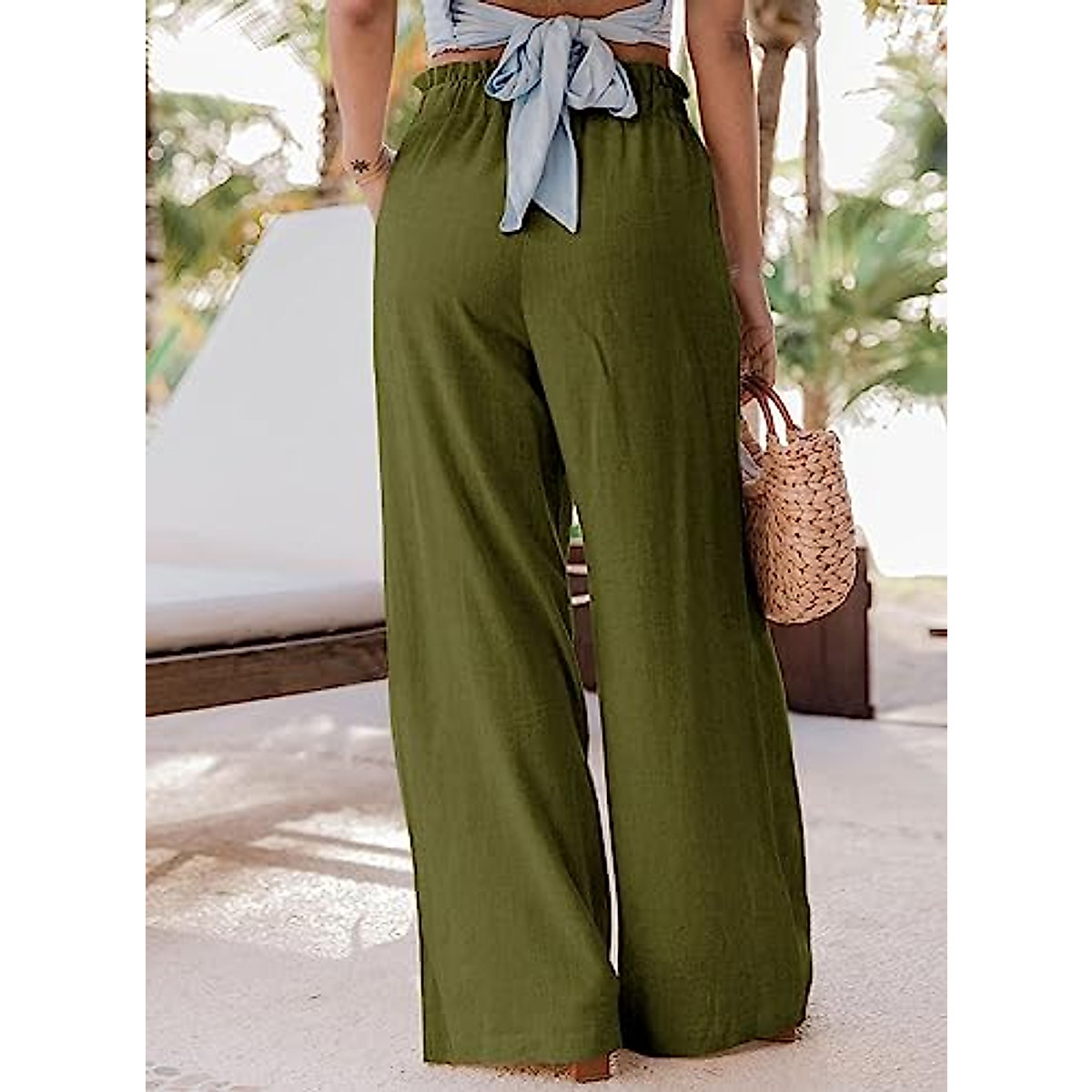 Acelitt Women's Casual Wide Leg Paperbag Linen Pants Lightweight Elastic Waist Loose Spring Fashion 2023 Palazzo Pants Trousers Green XL