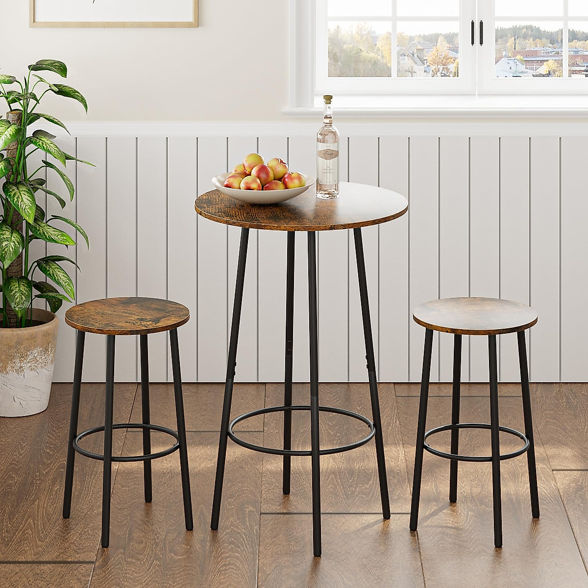AEPOALUA 3 Piece Bar Table Set, Round Bar Table and Chairs Set of 2, Pub Dining Table Set Counter Height, Bar Stool Table for Breakfast Nook, Dinning Room, Living Room, Rustic Brown(23.6")