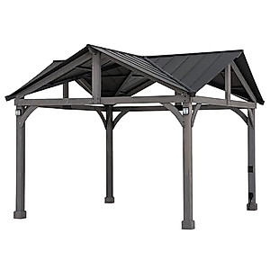 Sunjoy 13.5 x 13.5 ft. Hardtop Gazebo Outdoor Patio Black Steel Gazebo with LED Lights, AC Outlet, USB Port and A 3-Meters Universal Power Supply Cable, Black