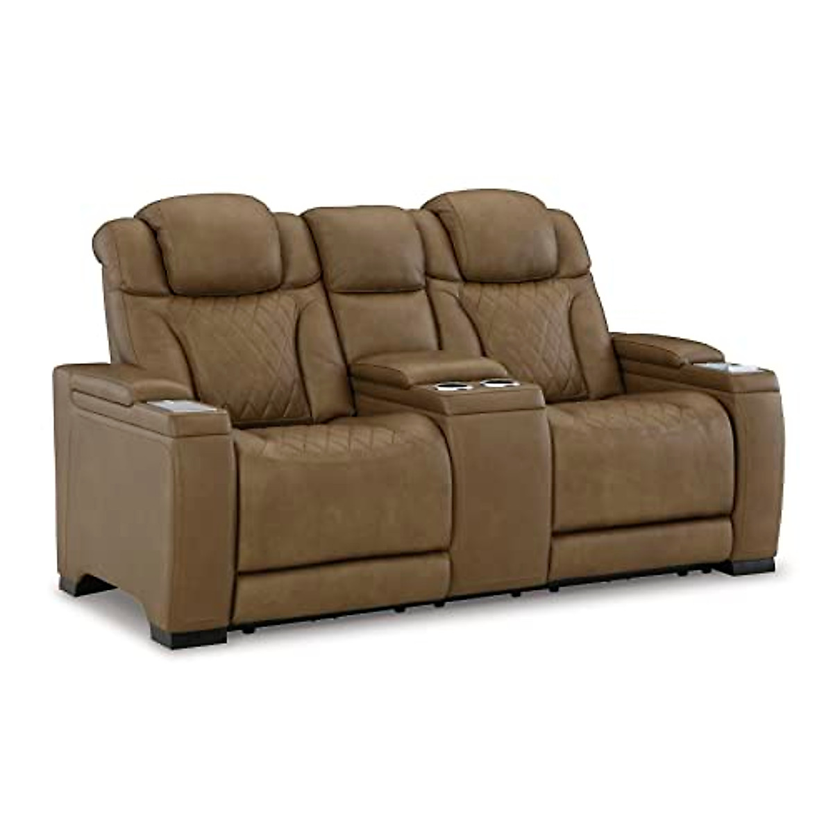 Signature Design by Ashley Strikefirst Contemporary Tufted Leather Power Reclining Loveseat with Console and Adjustable Headrest, Light Brown