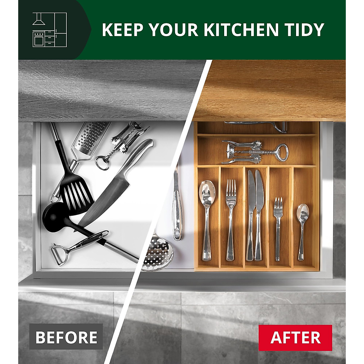 ROYAL CRAFT WOOD Luxury Bamboo Kitchen Drawer Organizer - Silverware Organizer and Cutlery Tray with Grooved Drawer Dividers for Flatware and Kitchen Utensils (7 Slot, Natural)