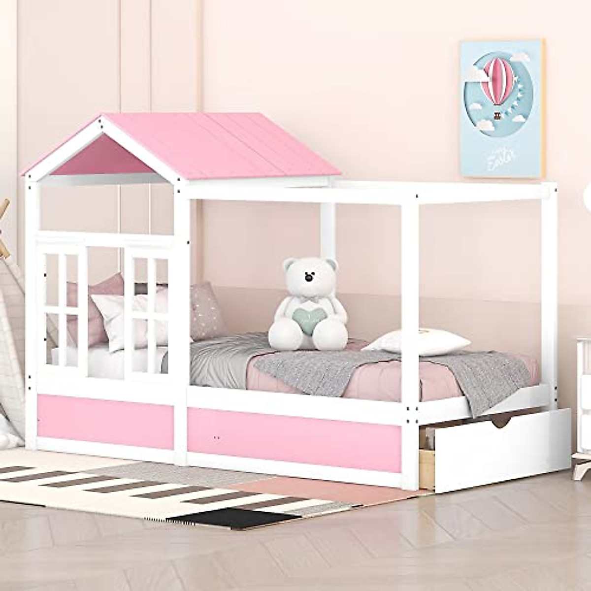 Woanke Twin Size House Bed for Kids, Montessori Playhouse Bed, Solid Wood Twin Platform Bed Frame with Storage Drawers, Roof and Window, Pink