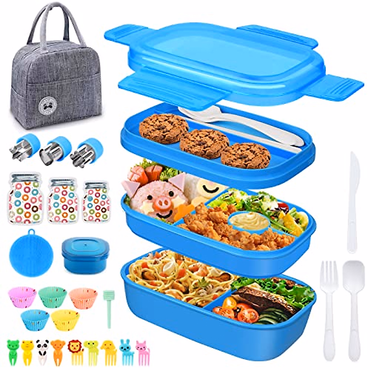 LEITAO 29 Packs Bento Box Kids Adult Lunch Box Container, 1900ML 3 Layer Stackable Lunch Box for Adults/Kids, Multiple Compartments Bento Box With Built-in Utensil Set, DIY Accessories, Bags (Black)