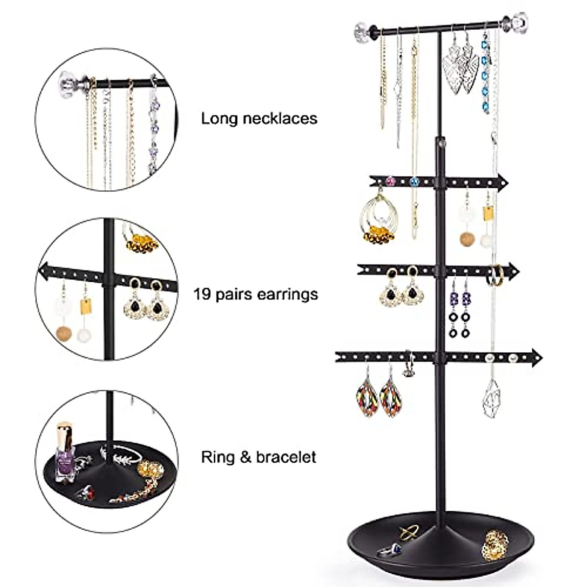 Alsonerbay Necklace Holder Organizer Stand, 4 Tier Hanging Jewelry Tower, Rotatable Metal Earring Tree, Black Jewelry Storage Rack for Display Bracelet and Rings