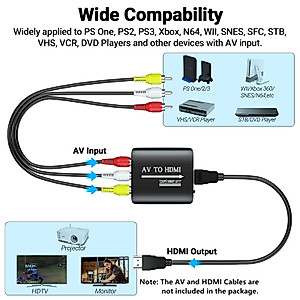 GINGIN AV to HDMI Converter, AV to HDMI Adapter Support 720p/1080p for PS1/PS2/PS3/Xbox 360/WII/N64/SNES/STB/VHS/VCR/Blue-Ray DVD Players
