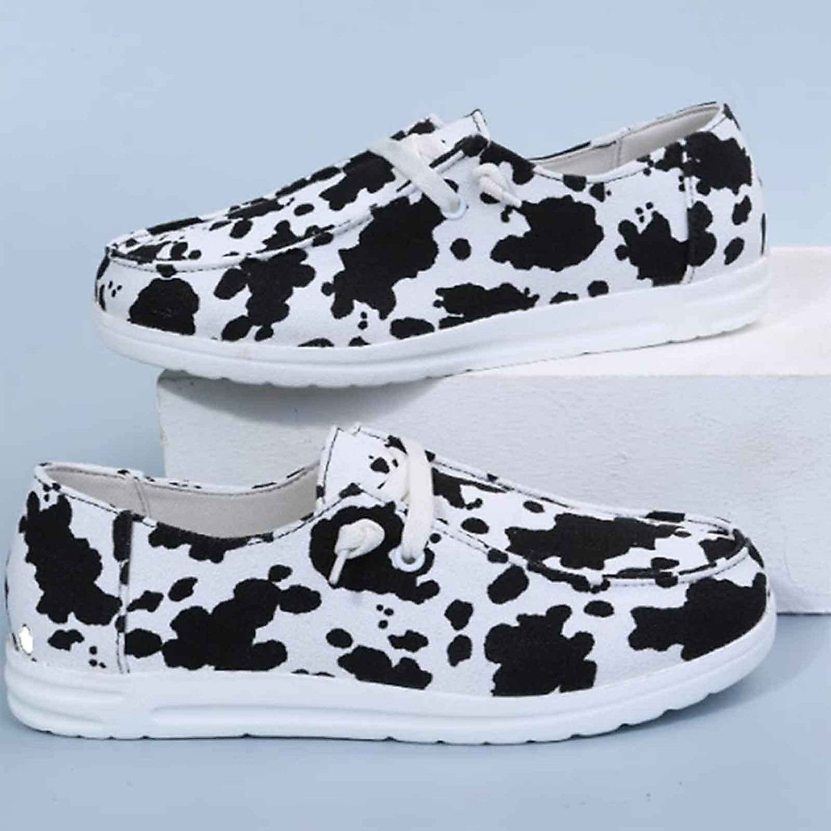 LELEBEAR Cow Print Shoes, Cow Print Shoes for Women, Flat Lace-Up Slip On Women Comfortable Print Sneakers (Cow Print Shoes, 9.5 US)