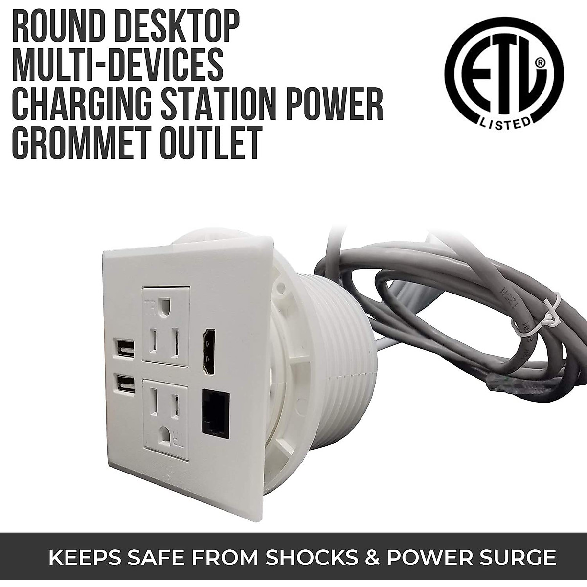 Round Desktop Conference Room Power Grommet Outlet, FITS 3 1/8" - 3 1/4" 2 (TR) AC Outlets, 2 USB Charging Ports, 1 CAT 6, 1 HDMI, ETL Listed (DC-8589_White-Square)