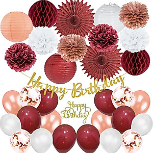 Rose Gold and Burgundy Birthday Party Decorations Rose Gold and White Pom Poms Lanterns Fans Balloons Decor Kit Burgundy Birthday Decorations for Women with Happy Birthday Banner Cake Topper Gold