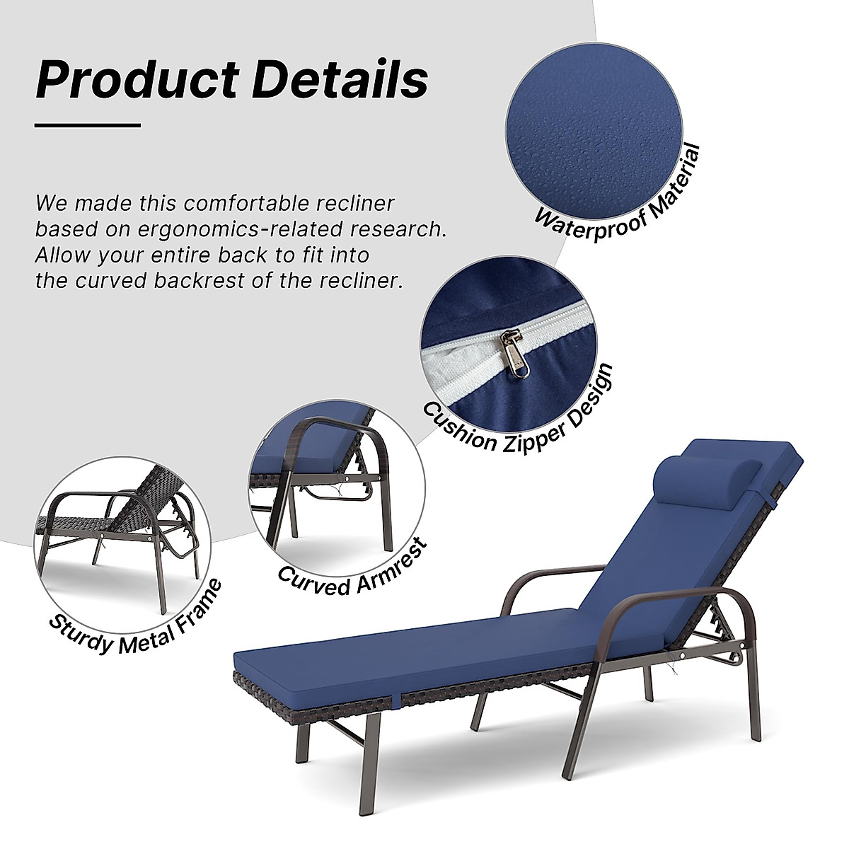 Gotland Patio Chaise Lounge Sets Outdoor Armchair Recliner Rattan Adjustable Back 3 Pieces Cushioned Patio Folding Chaise Lounge with Folding Table