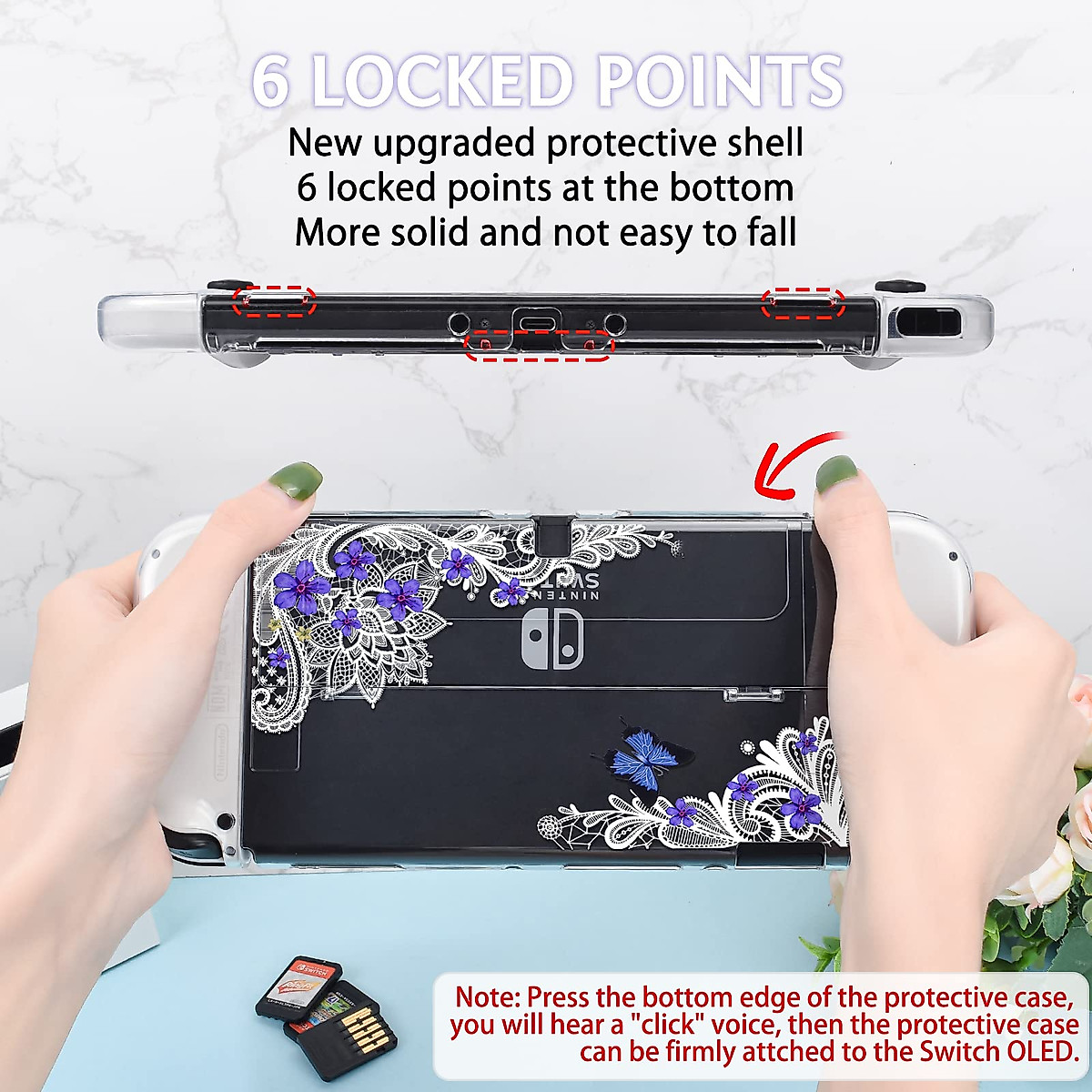 DLseego Purple Butterfly Flower Floral Switch OLED Case 2021 Version Anti-Scratch Dockable Console Clear PC Hard Shell Soft TPU Shock-Absorption Joy Con Cover Romantic Design for Switch OLED Model